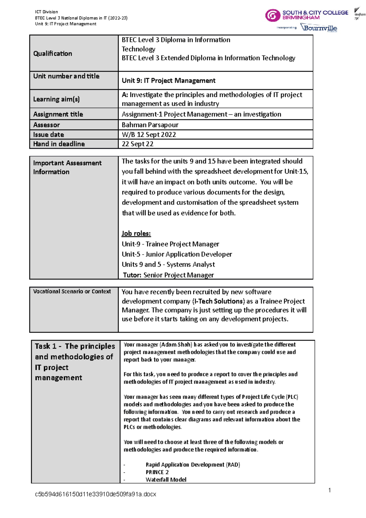 BTEC L3 Unit 9 Assign 1 22 23 - ICT Division BTEC Level 3 National ...