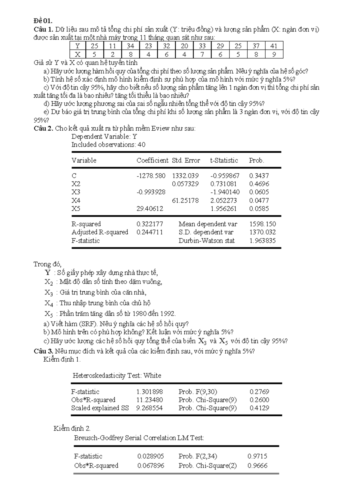ĐỀ THI KTL - đề thi tham khảo - Câu 1. Dữ liệu sau mô tả tổng chi phí sản xuất (Y: triệu đồng ...