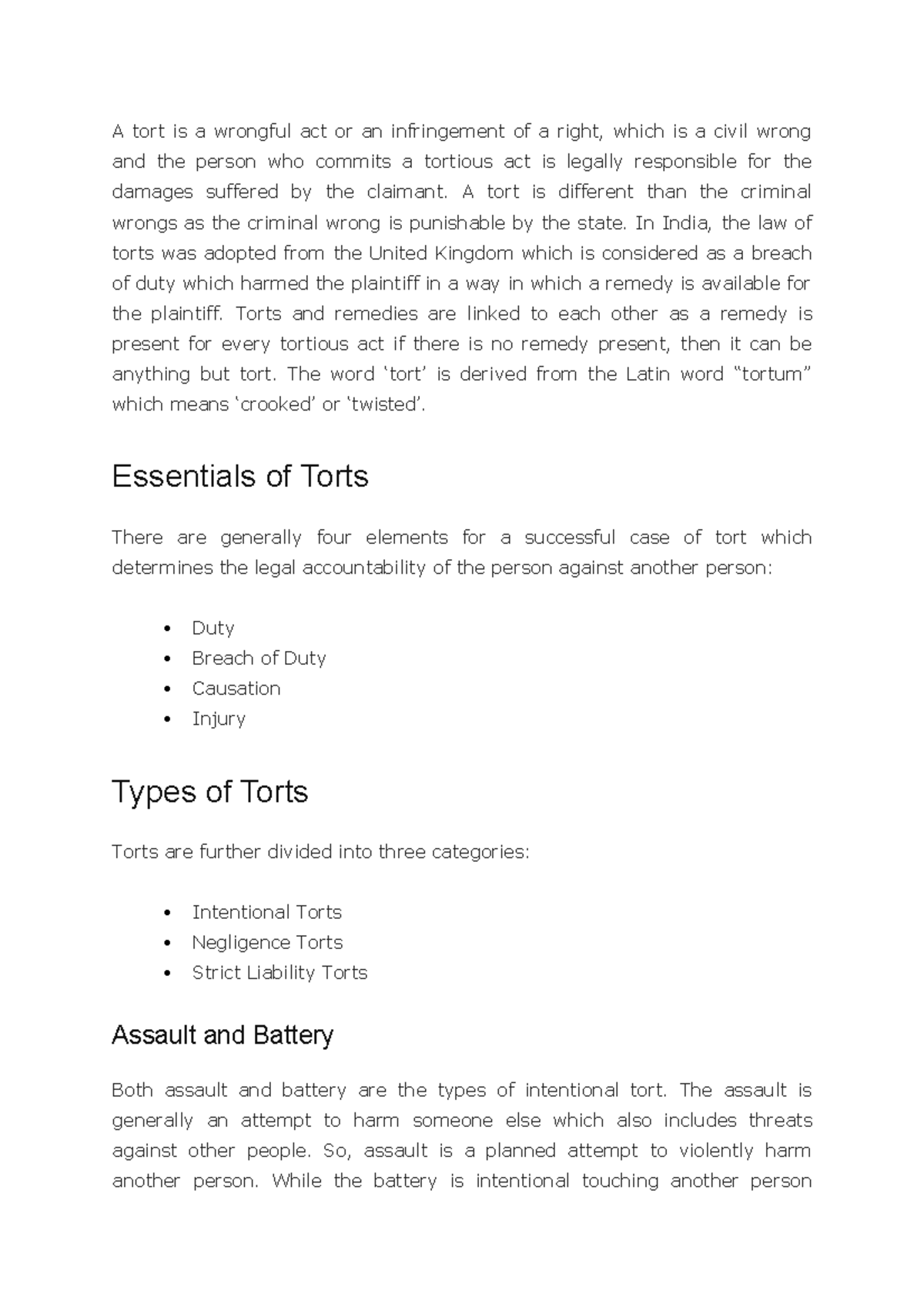 A tort is a wrongful act or an infringement of a right - A tort is ...