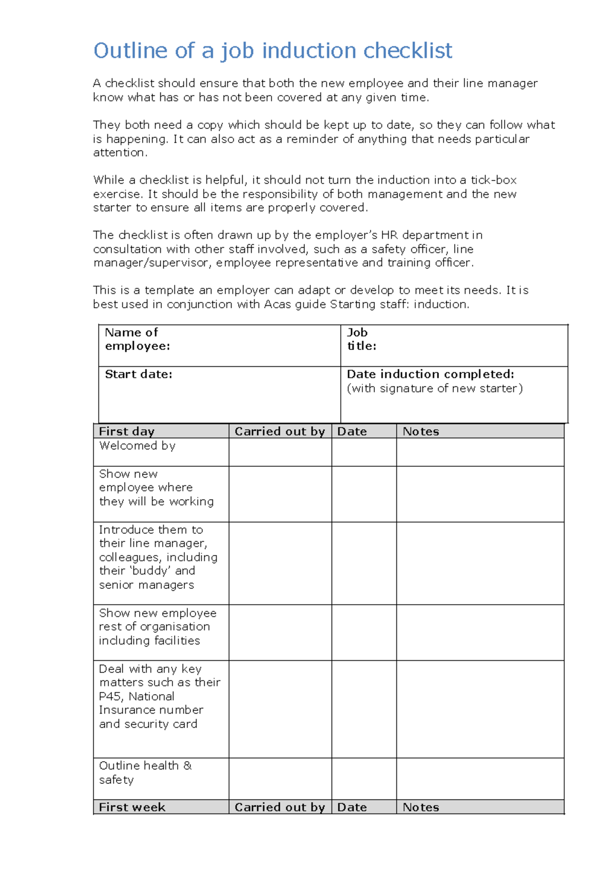 Checklist - Outline of a job induction checklist A checklist should ...