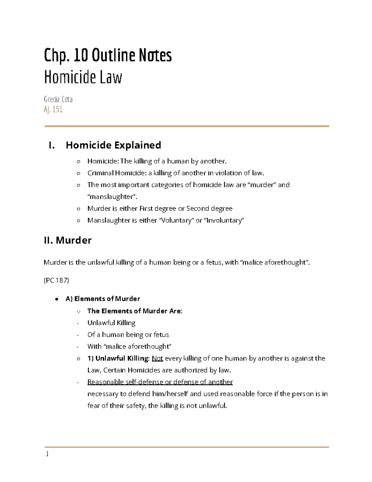 151 AJ.CHP10. Outline Notes - Chp. 10 Outline Nes Homicide Law Grecia ...