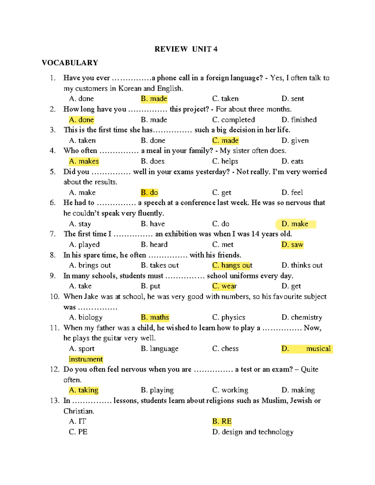 Review UNIT 4 - none - REVIEW UNIT 4 VOCABULARY Have you ever ...