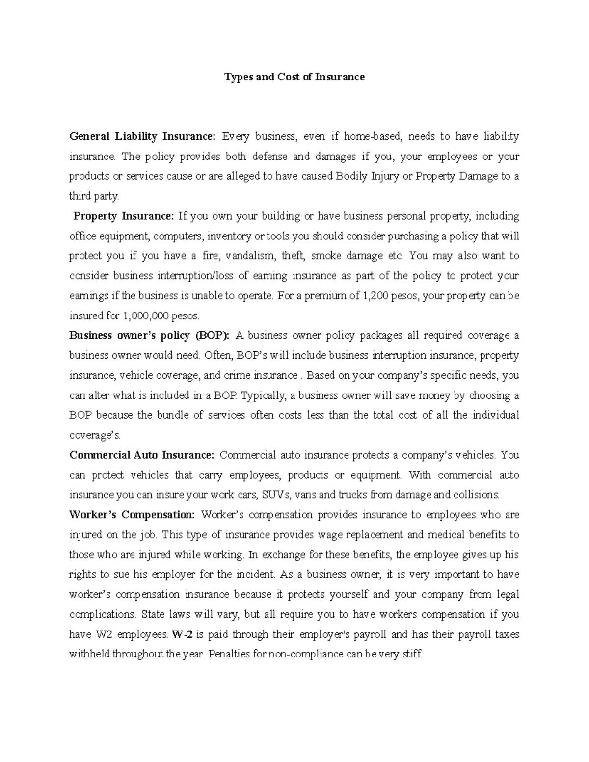 Types and Cost of Insurance - Types and Cost of Insurance General ...