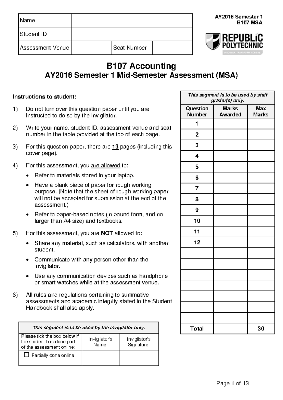 AY 2016 Sem 1 B107 MSA - AY 2016 Sem 1 B107 MSA - Name AY2016 Semester ...