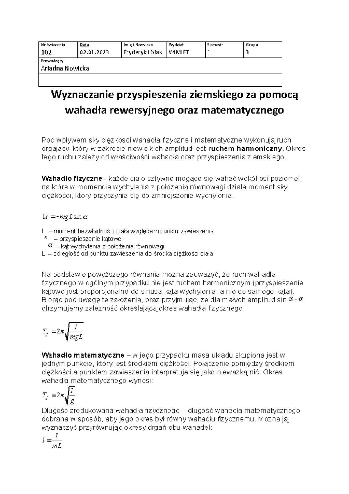 Cwiczenie 102 - Nr ćwiczenia ####### 102 Data 02. Imię i Nazwisko ...