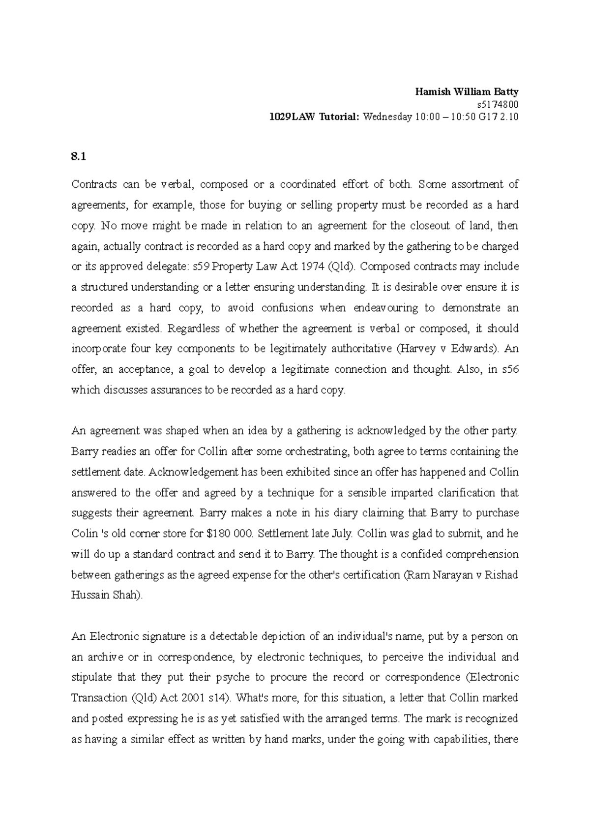 Week 8 Contract Questions - Hamish William Batty s5174800 1029LAW ...