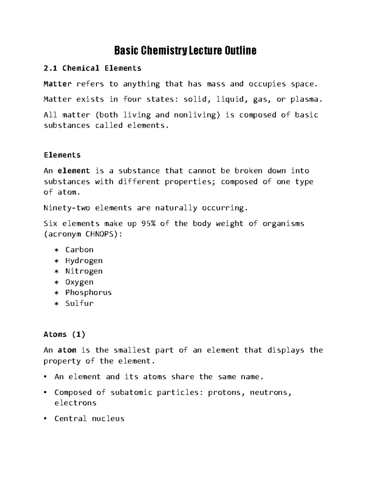 Chapter 2 Bio - Lecture notes 2 - Basic Chemistry Lecture Outline 2 ...