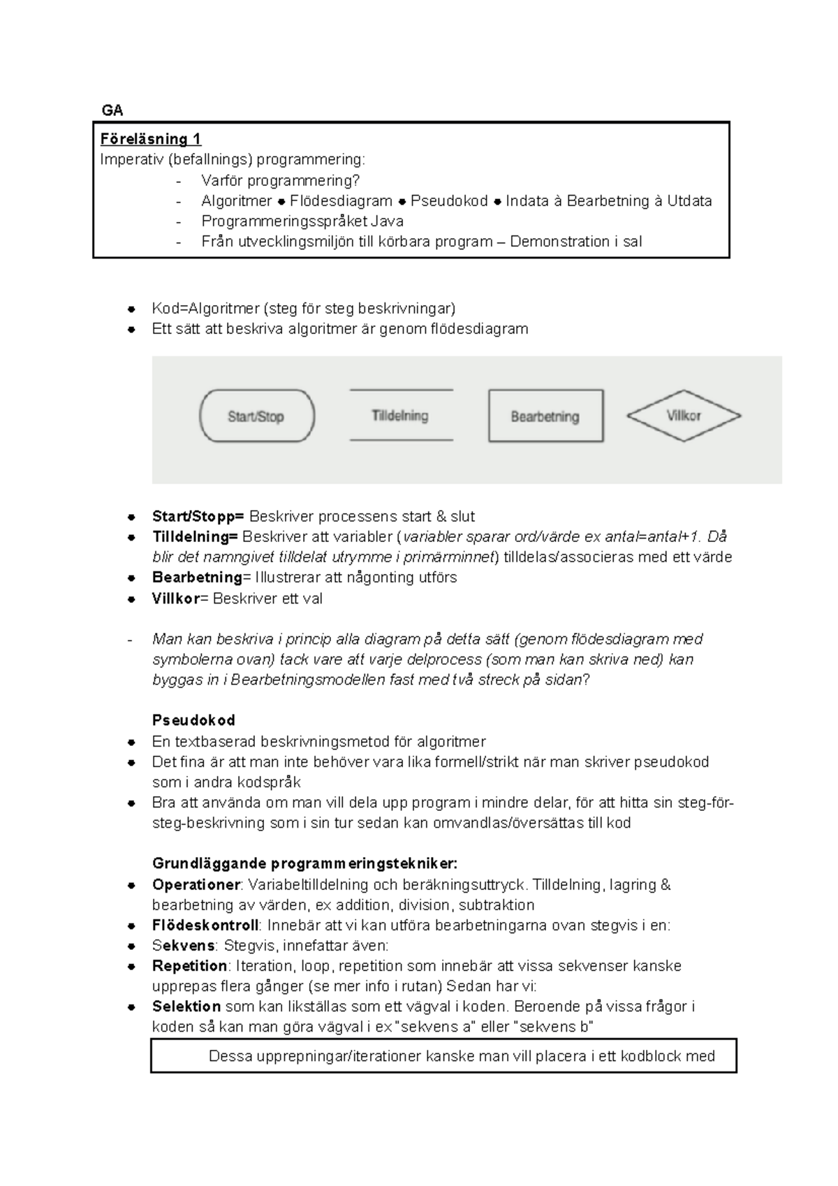 Programmering 1 - Begreppsbeskrivningar och förklaringar - GA Föreläsning 1 Imperativ ...