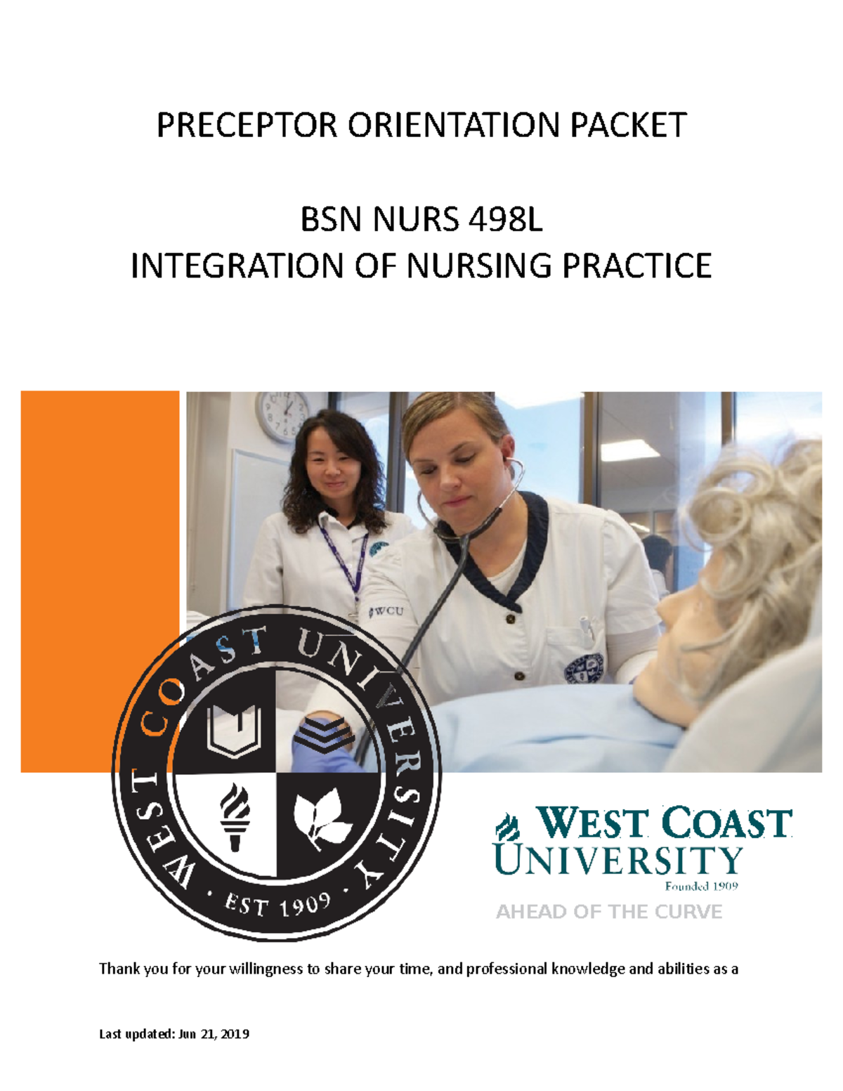 WCU NURS 498L - Preceptor Orientation Packet - PRECEPTOR ORIENTATION PACKET BSN NURS 498L - Studocu
