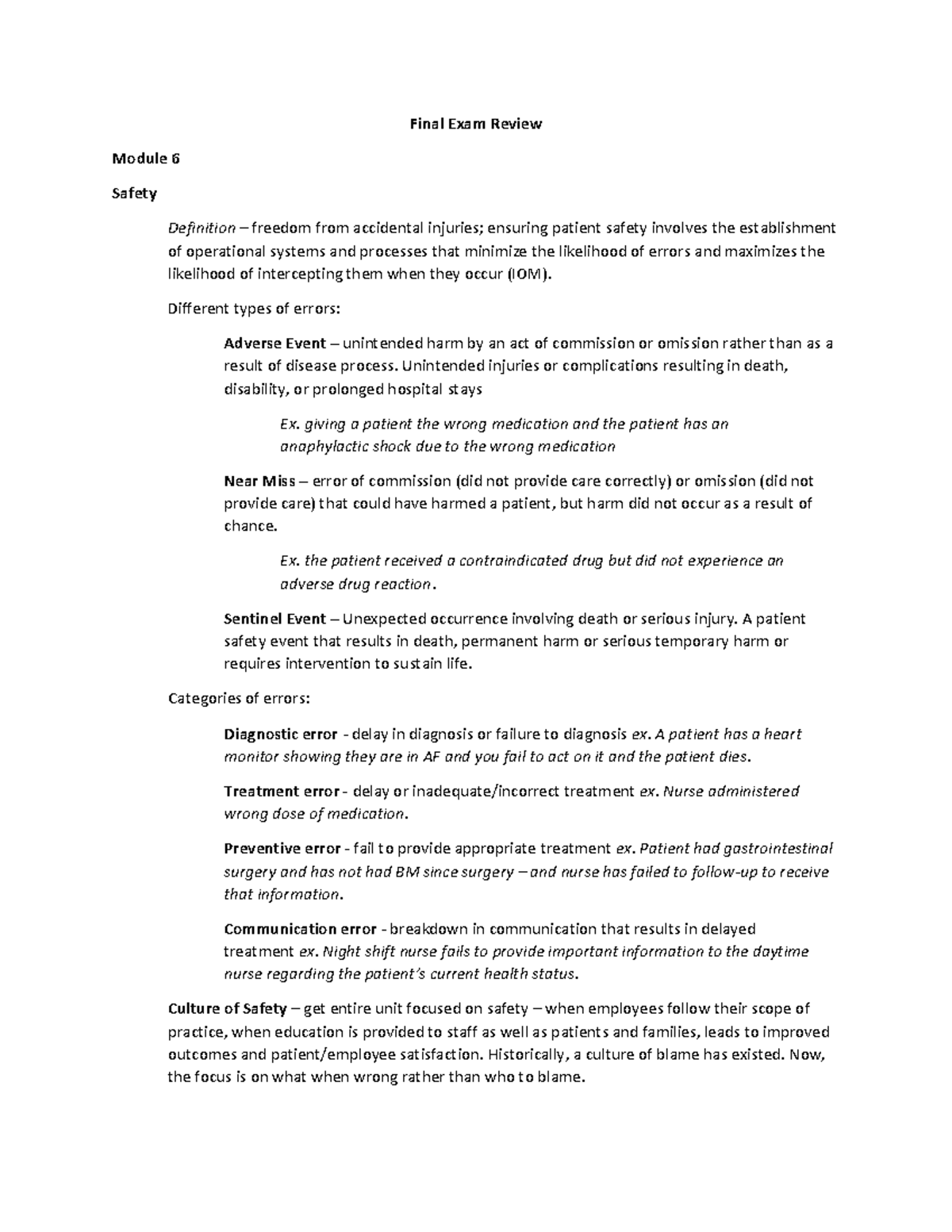 Final Exam Class Review - Final Exam Review Module 6 Safety Definition ...