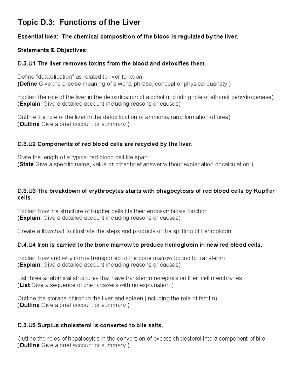 Topic D3 functions of the liver - Topic D: Functions of the Liver ...