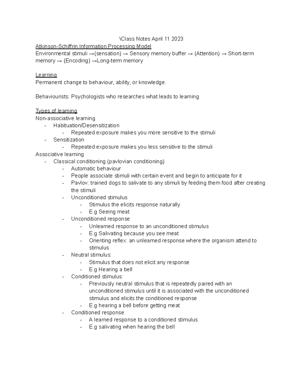 Notes for Psych - \Class Notes April 11 2023 Atkinson-Schiffrin ...