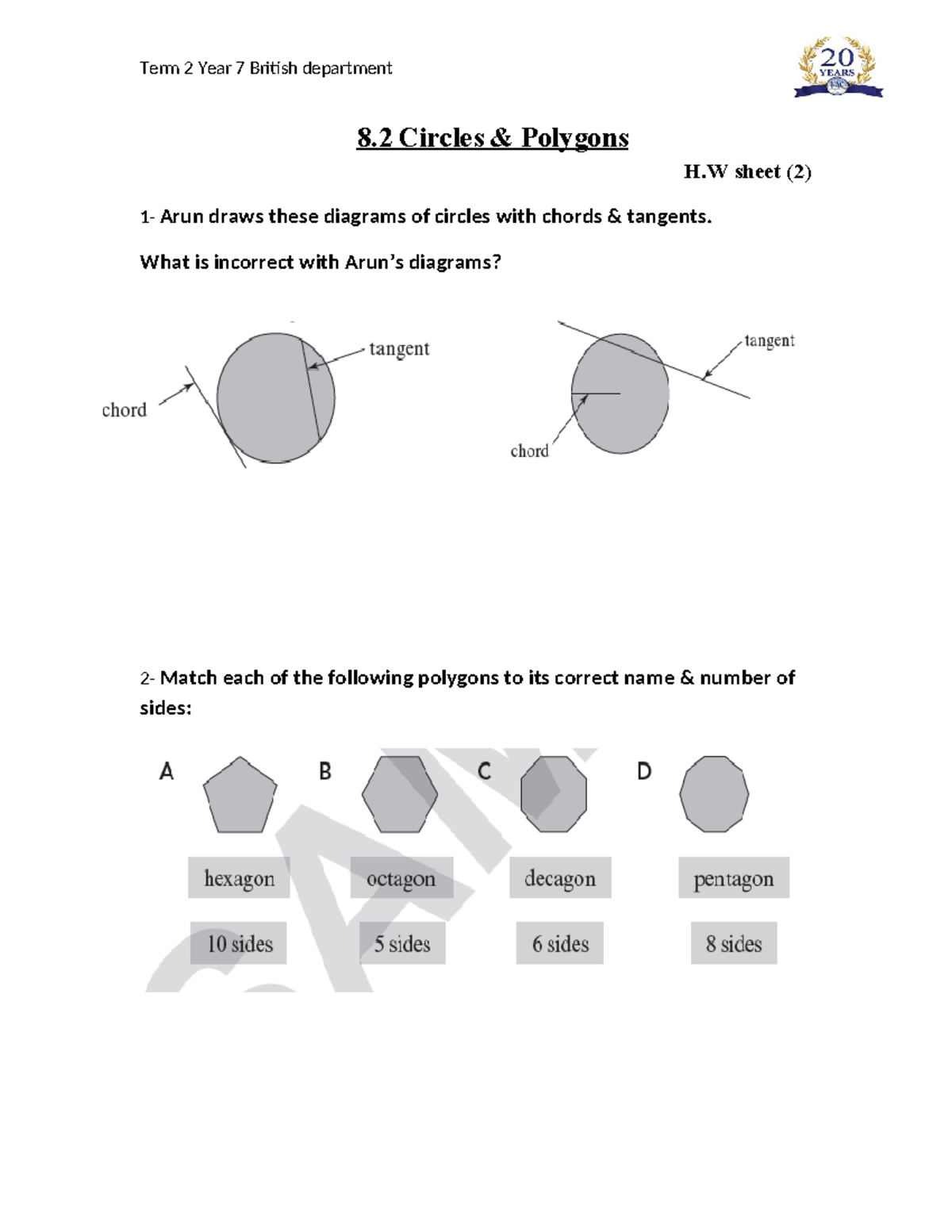 Y7-t2-w3-H.W 2 sheet Circles & Polygons - Term 2 Year 7 British department 8 Circles & Polygons ...