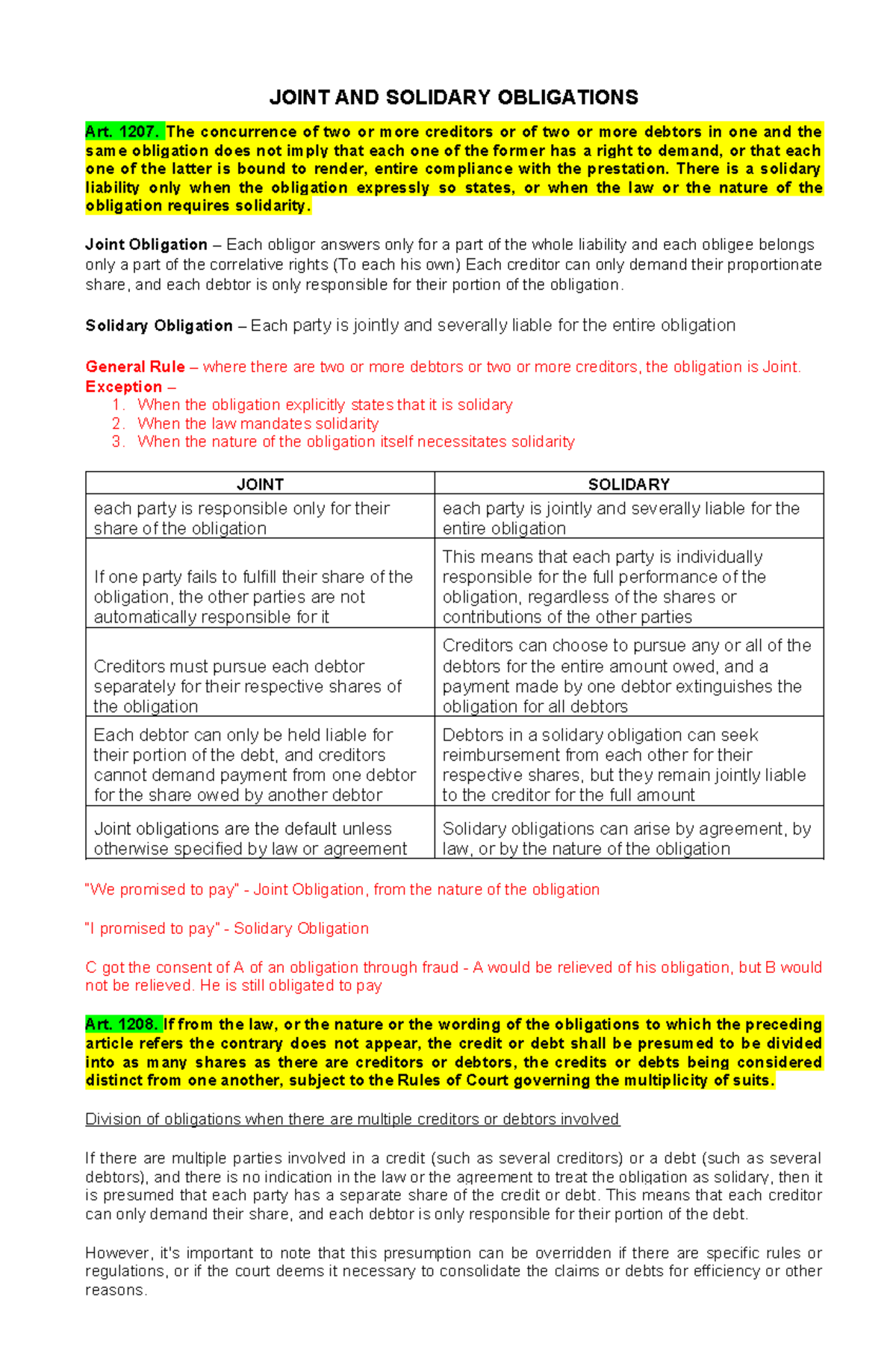 Joint and Solidary - JOINT AND SOLIDARY OBLIGATIONS Art. 1207. The ...