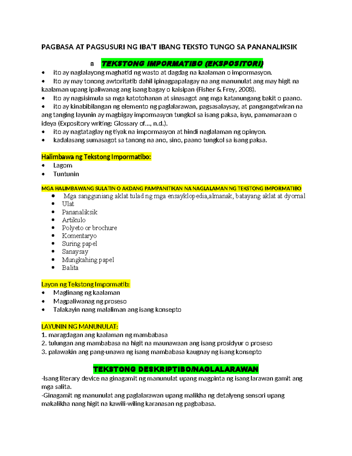 Handouts- Pagbasa Midterm - PAGBASA AT PAGSUSURI NG IBA’T IBANG TEKSTO ...