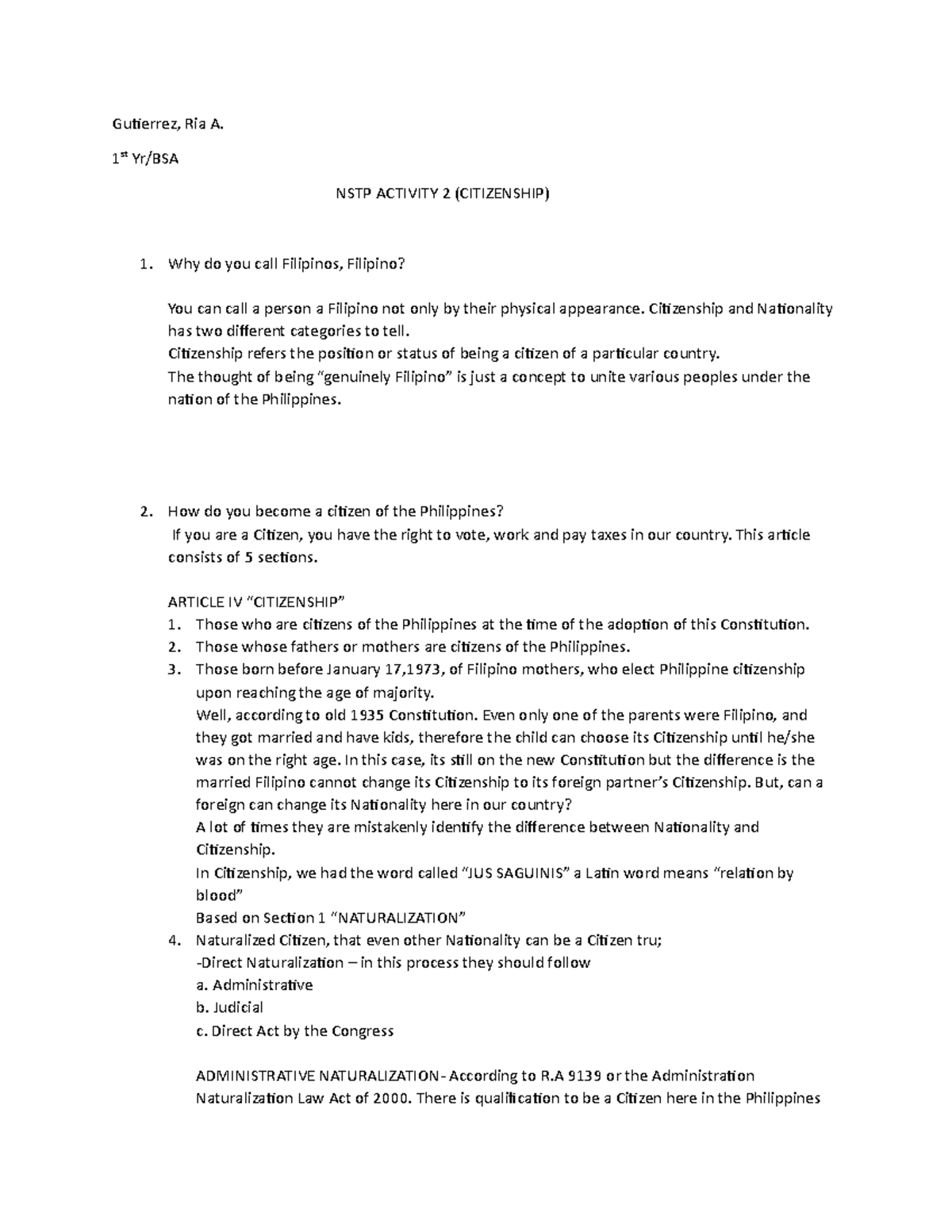 Activity 3 NSTP - Lecture notes 1 - Gutierrez, Ria A. 1 st Yr/BSA NSTP ...