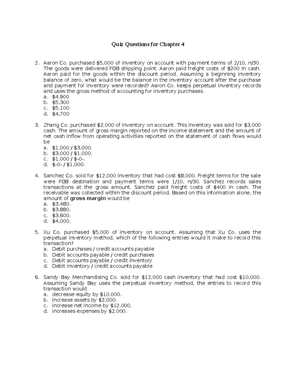 Practice Questions For Chapter 4 Quiz Questions For Chapter 4 Aaron