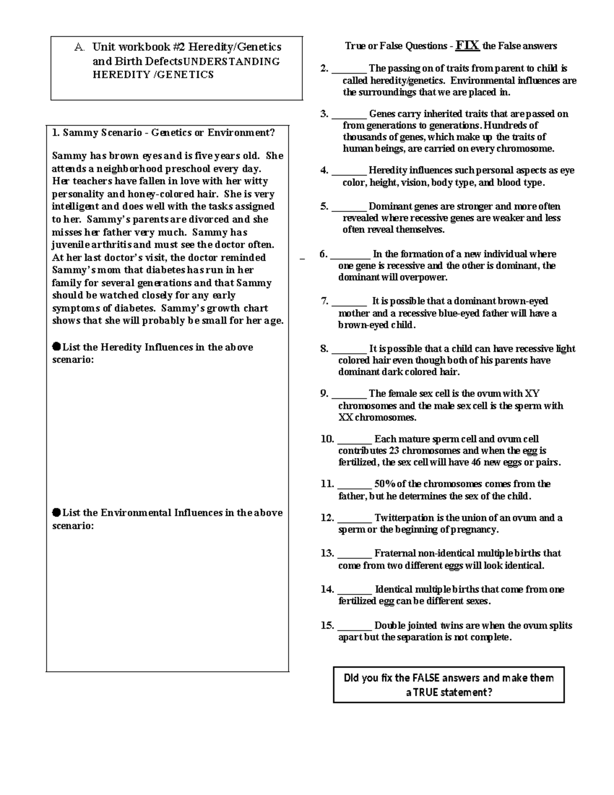 Unit 2 section A - Class notes - A. Unit workbook #2 Heredity/Genetics ...
