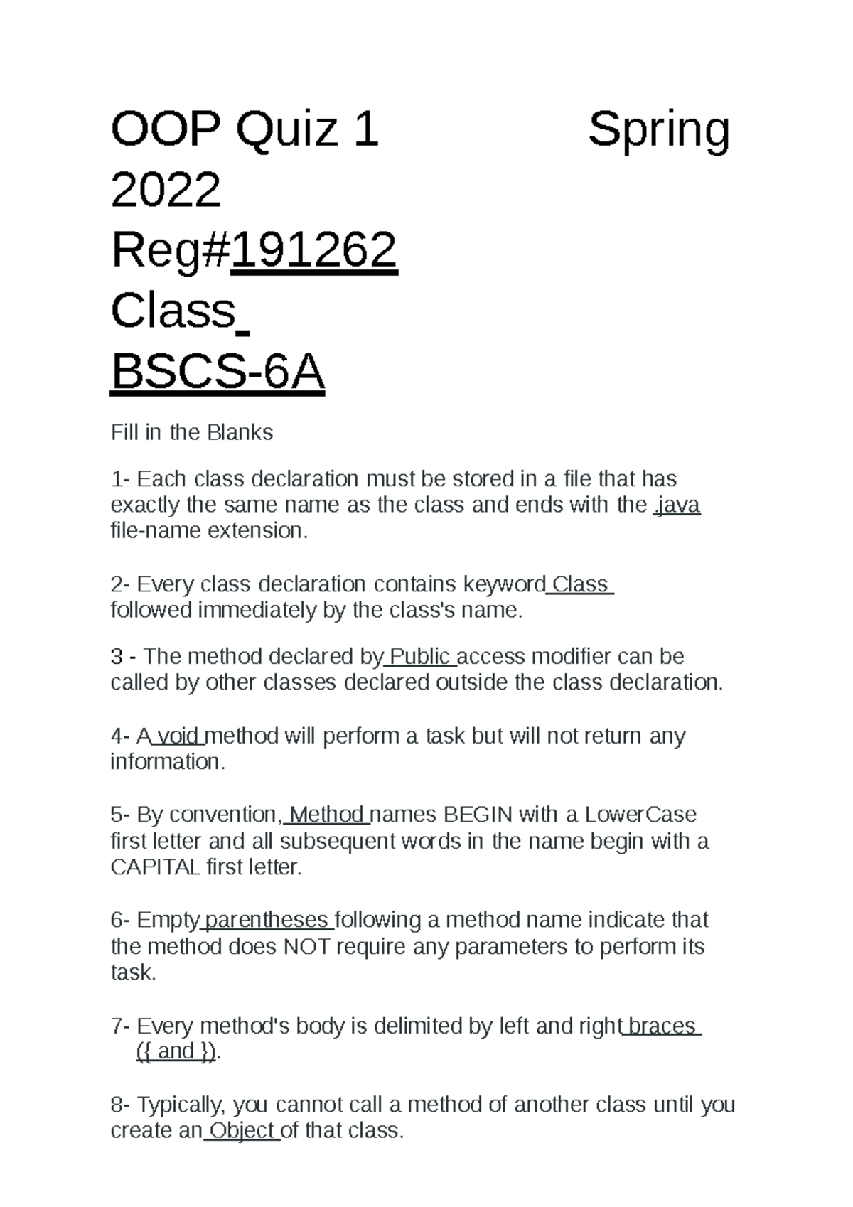 Oop Quiz1 Quiz Oop Quiz 1 Spring 2022 Reg Class Bscs 6a Fill In The Blanks 1 Each Class