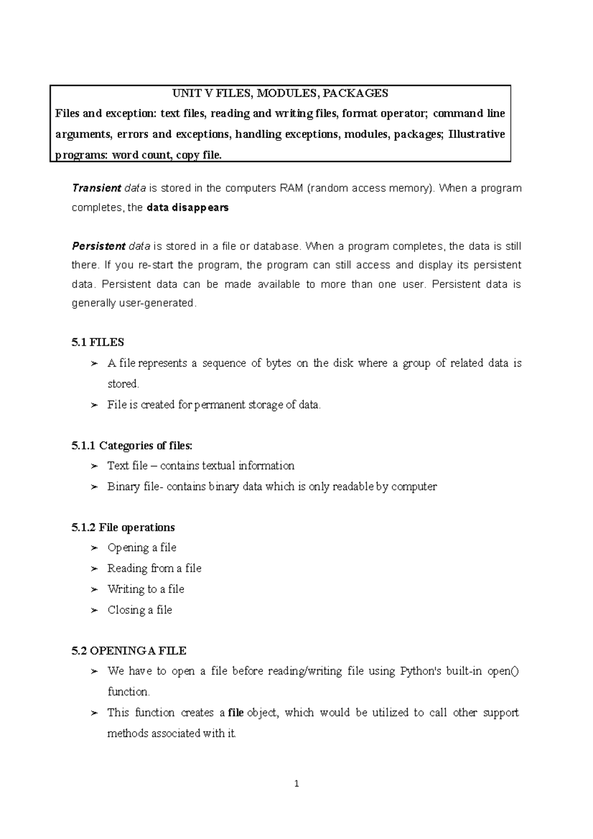 Ge8151 Unit V Notes For Unit V Unit V Files Modules Packages Files And Exception Text
