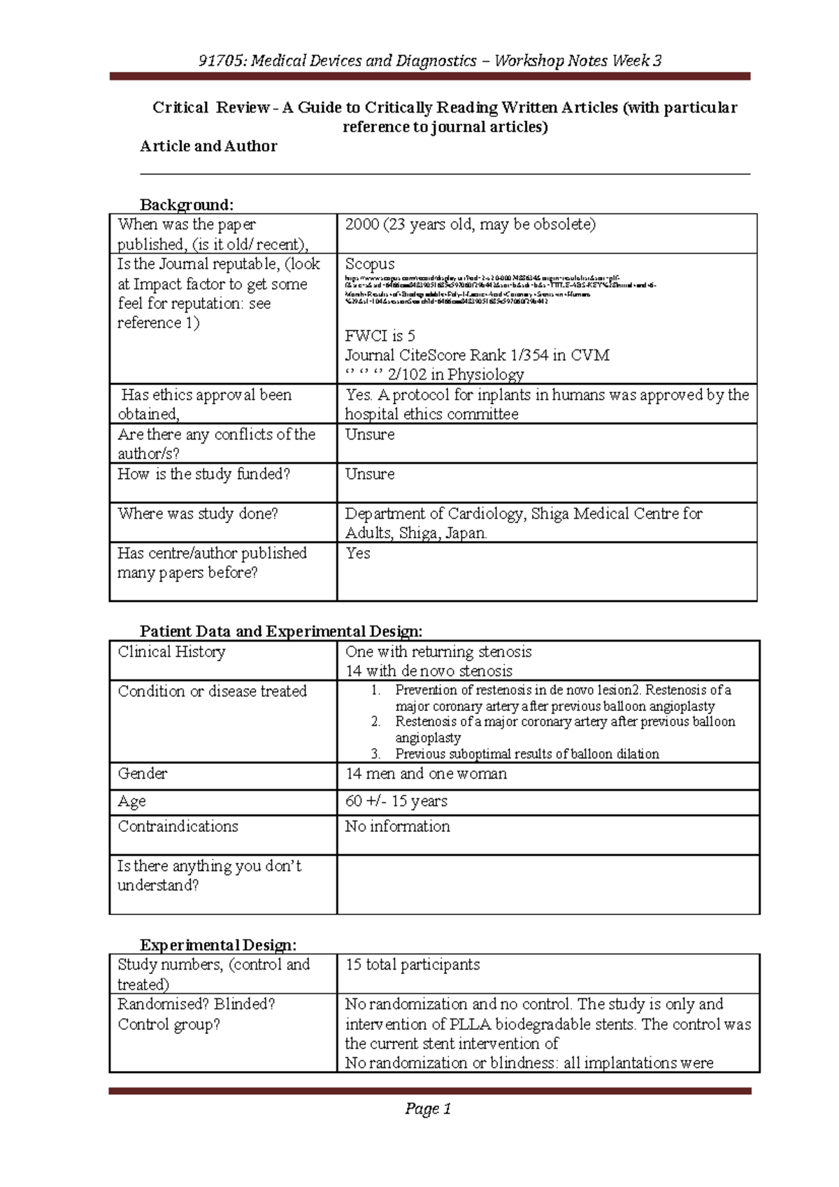 MMD Appraisal form - Tut work - 91705: Medical Devices and Diagnostics ...
