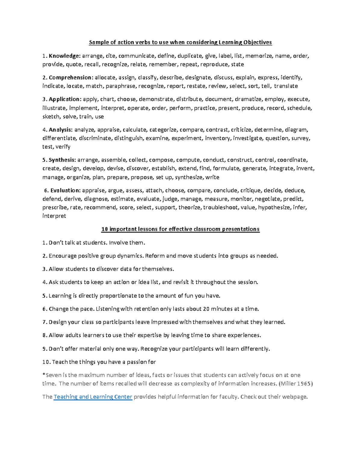 Action Verbs For Learning Objectives Sample Of Action Verbs To Use