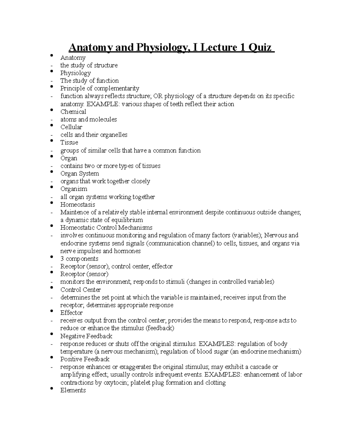 Anatomy and Physiology Lecture 1 Quiz - Anatomy and Physiology, I ...