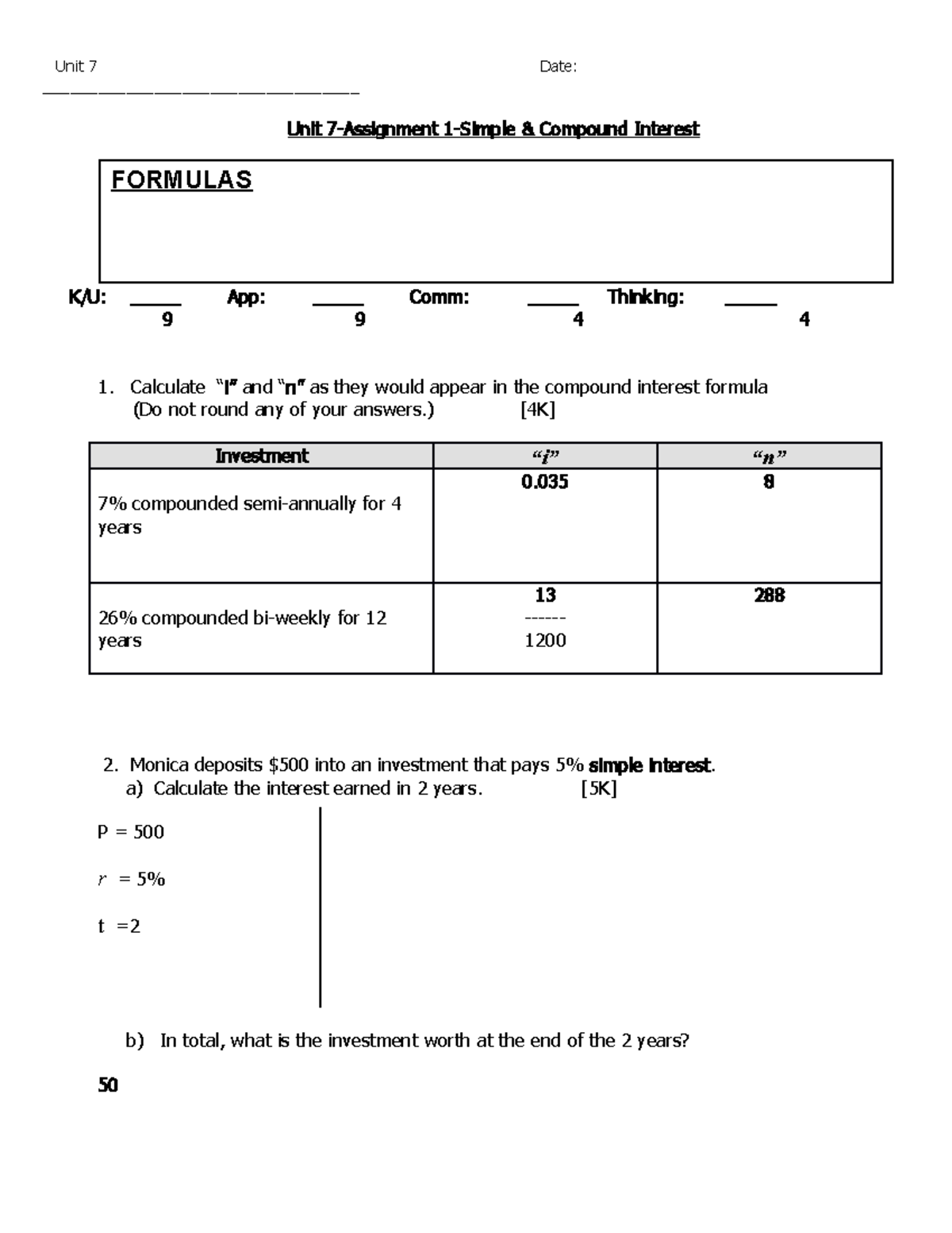 Unit 7 Assignment 1 Math Unit 7 Date Unit 7 Assignment 1