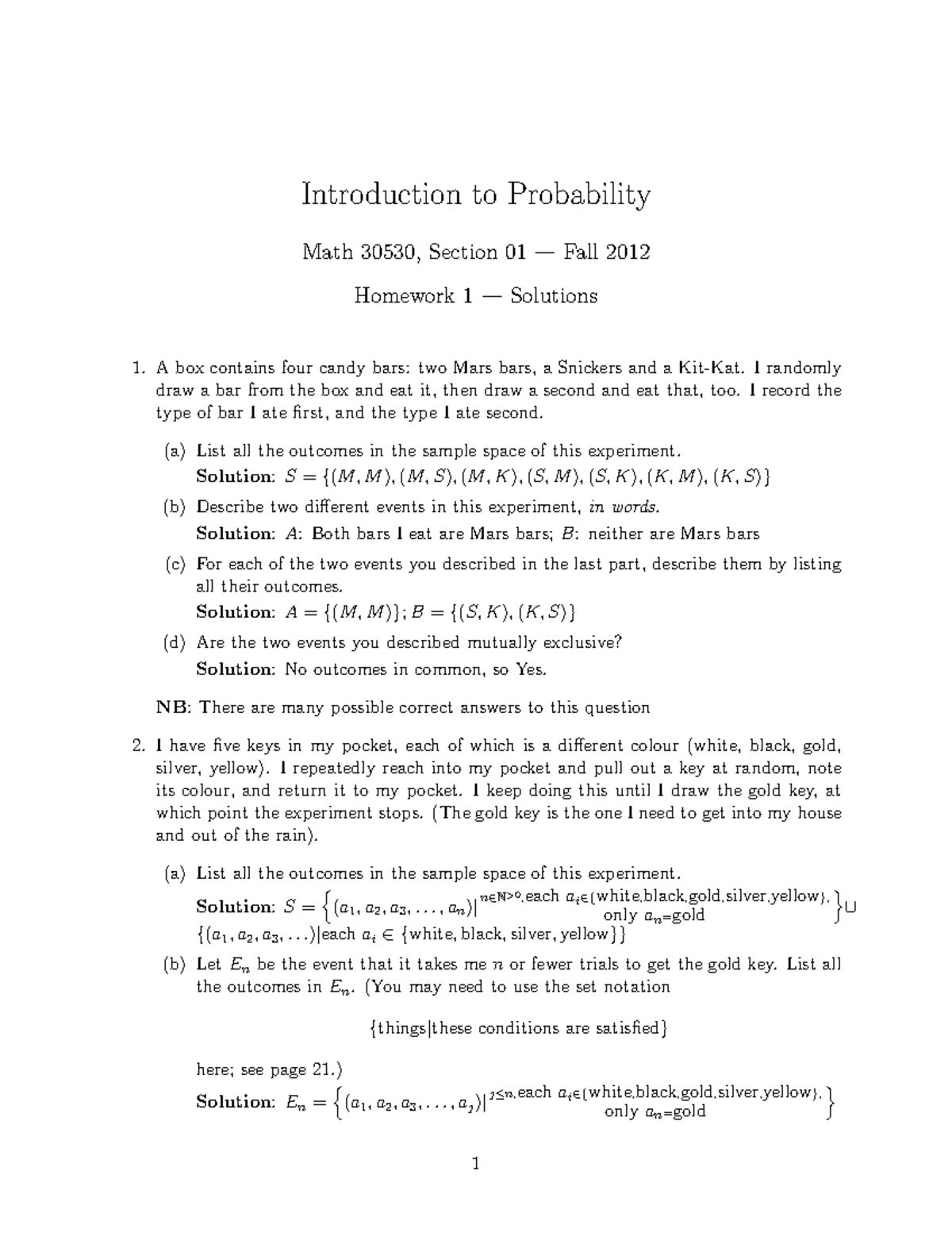 Intro tp probibility - Introduction to Probability Math 30530, Section 01 — Fall 2012 Homework 1 ...