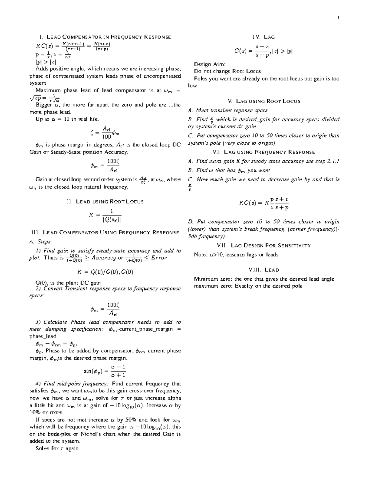 Control cheat sheet - Notes - 1 I. LEAD COMPENSATOR IN FREQUENCY ...