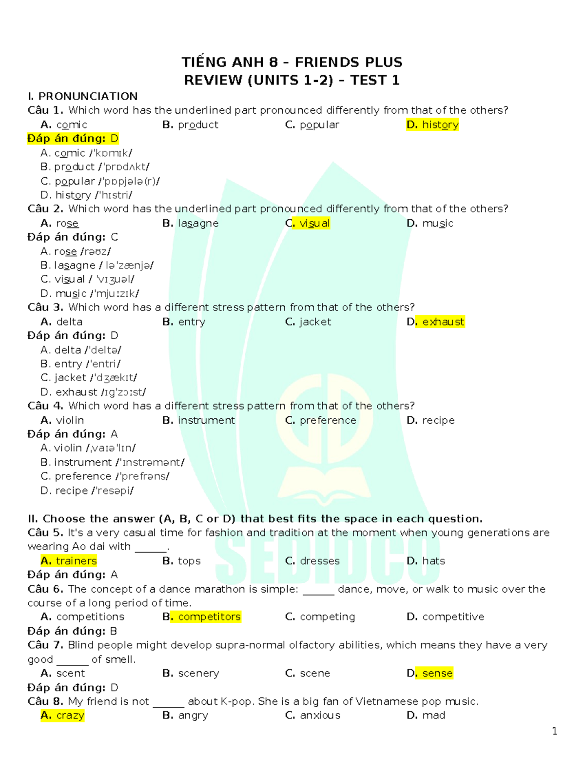Tieng Anh 8 Friends Plus - Review 1&2 - Test 1 (key) - TIẾNG ANH 8 ...