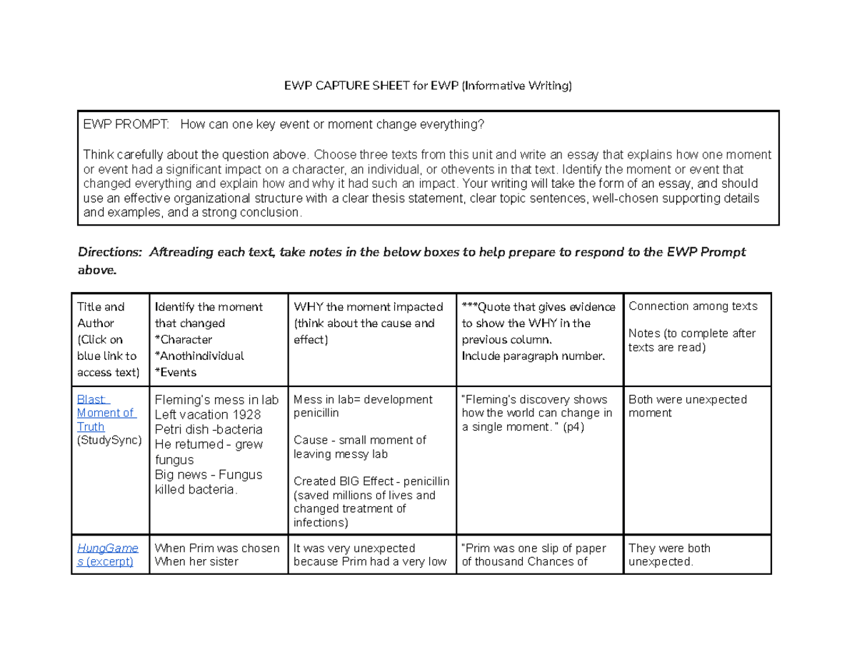 EWP Capture Sheet for EWP (Informative Writing) - Studocu