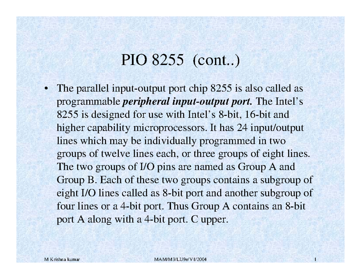 M3l2 Use Notes For Cse 331 Pio 8255 Cont The Parallel Input Output Port Chip 8255 Is