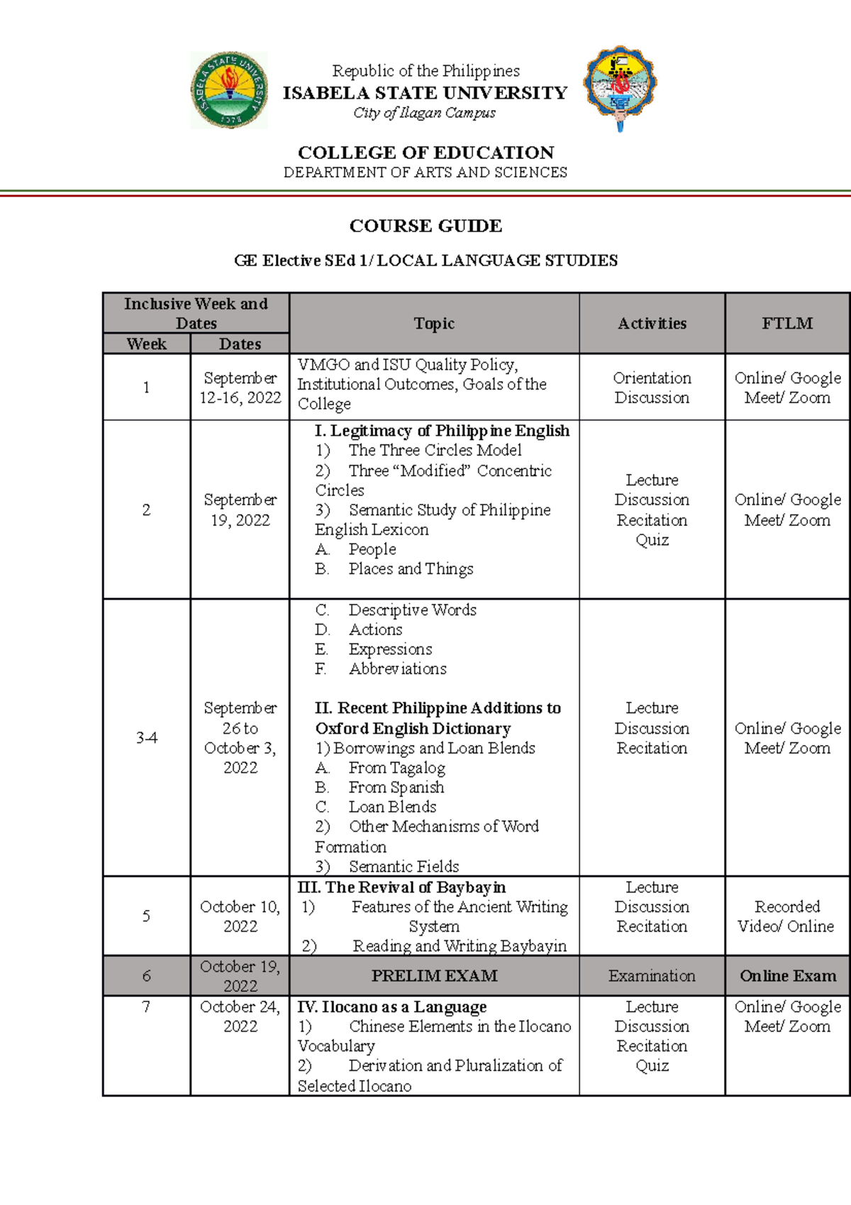 Course-Guide Local Language - Republic of the Philippines ISABELA STATE ...