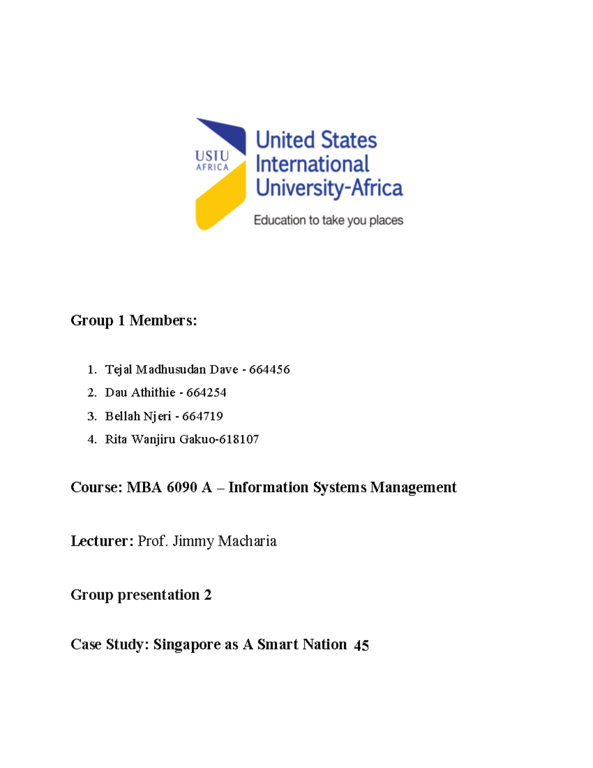 Group 1 - Information Systems Management- Smart CITY - Group 1 Members ...