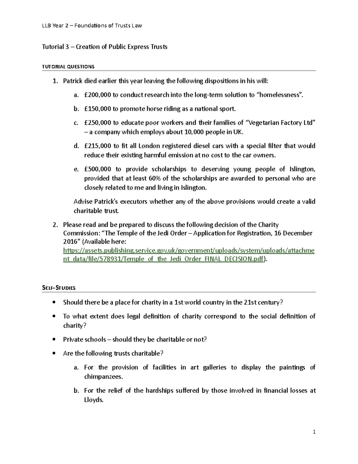 Foundations of Trusts Law Tutorial 3 LLB 2 - 6FFLK003 - KCL - Studocu