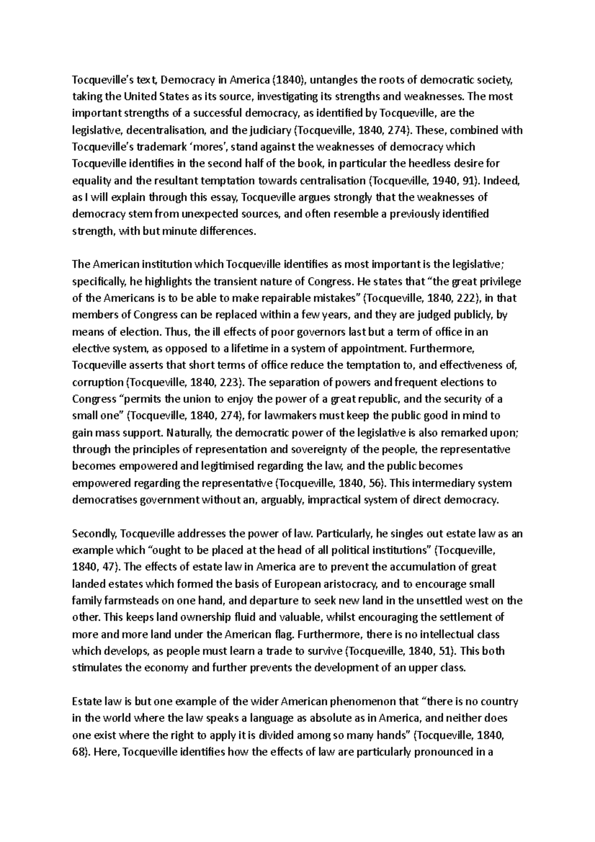 Tocqueville - Essay - Tocqueville’s text, Democracy in America (1840 ...