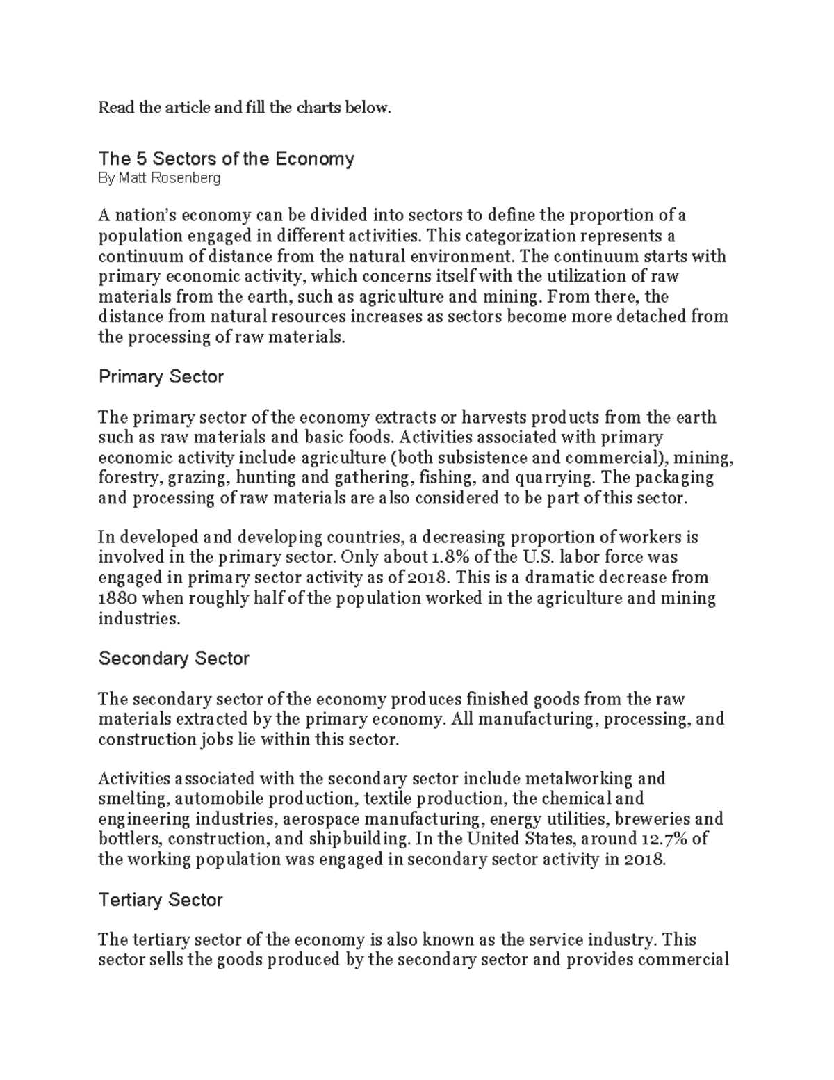 5 2 The 5 Sectors of the Economy reading and activity - Read the ...