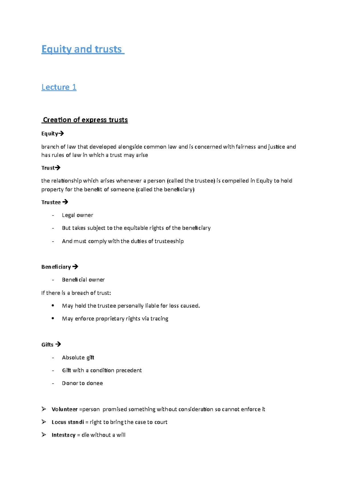 Equity and trust Lecture 1 (creation of express trusts) - Equity and trusts Lecture 1 Creation ...