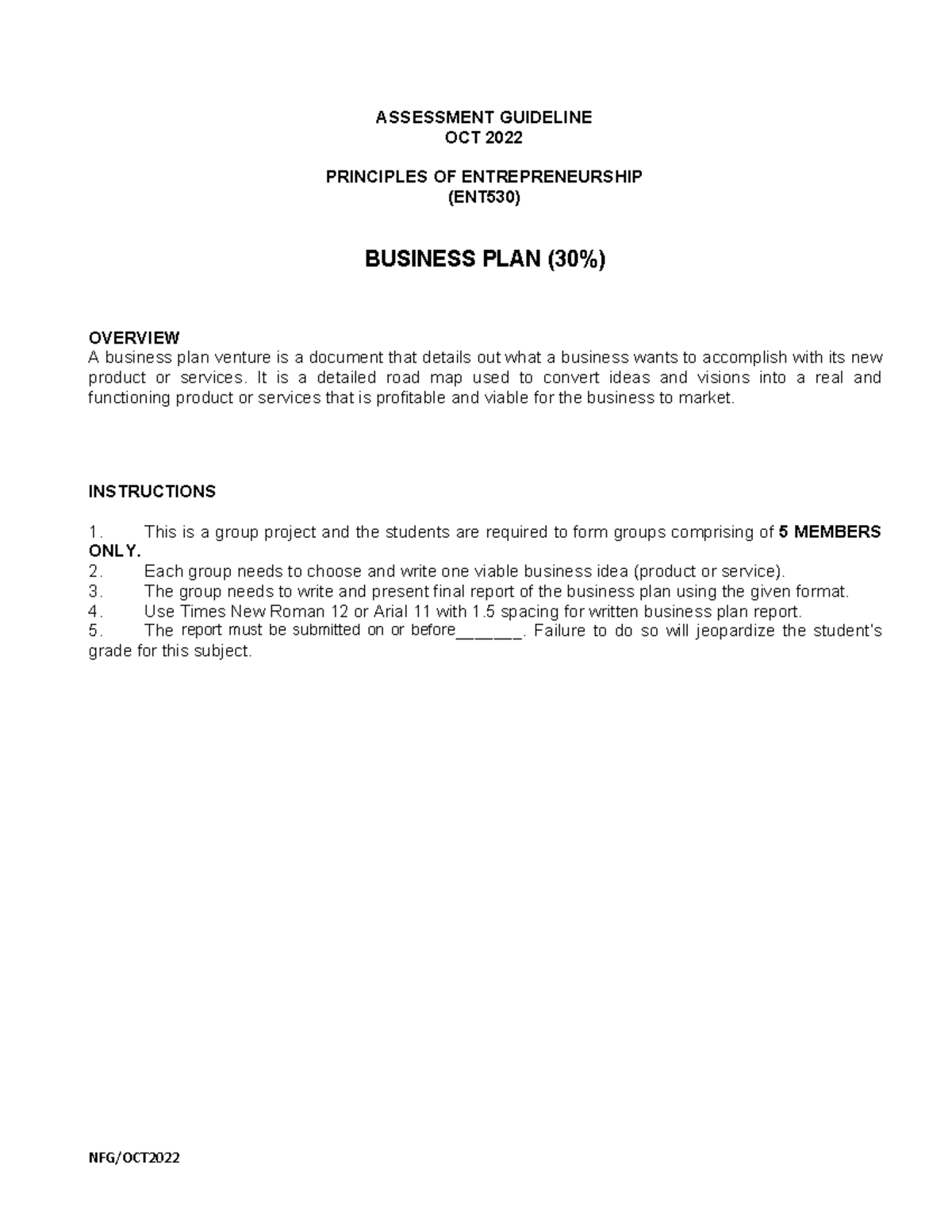 OCT 22 ENT530 Guideline AND Template Business PLAN - ASSESSMENT ...