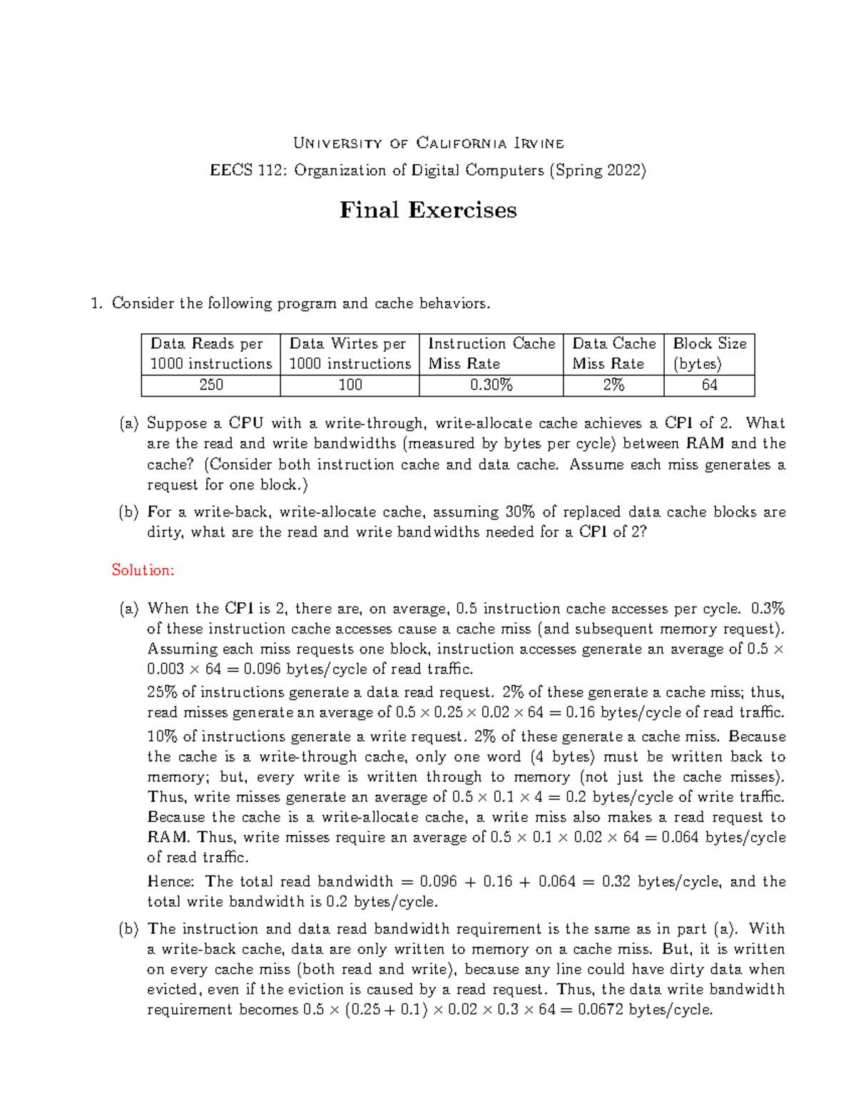 Eecs112 final exercises - University of California Irvine EECS 112: Organization of Digital ...
