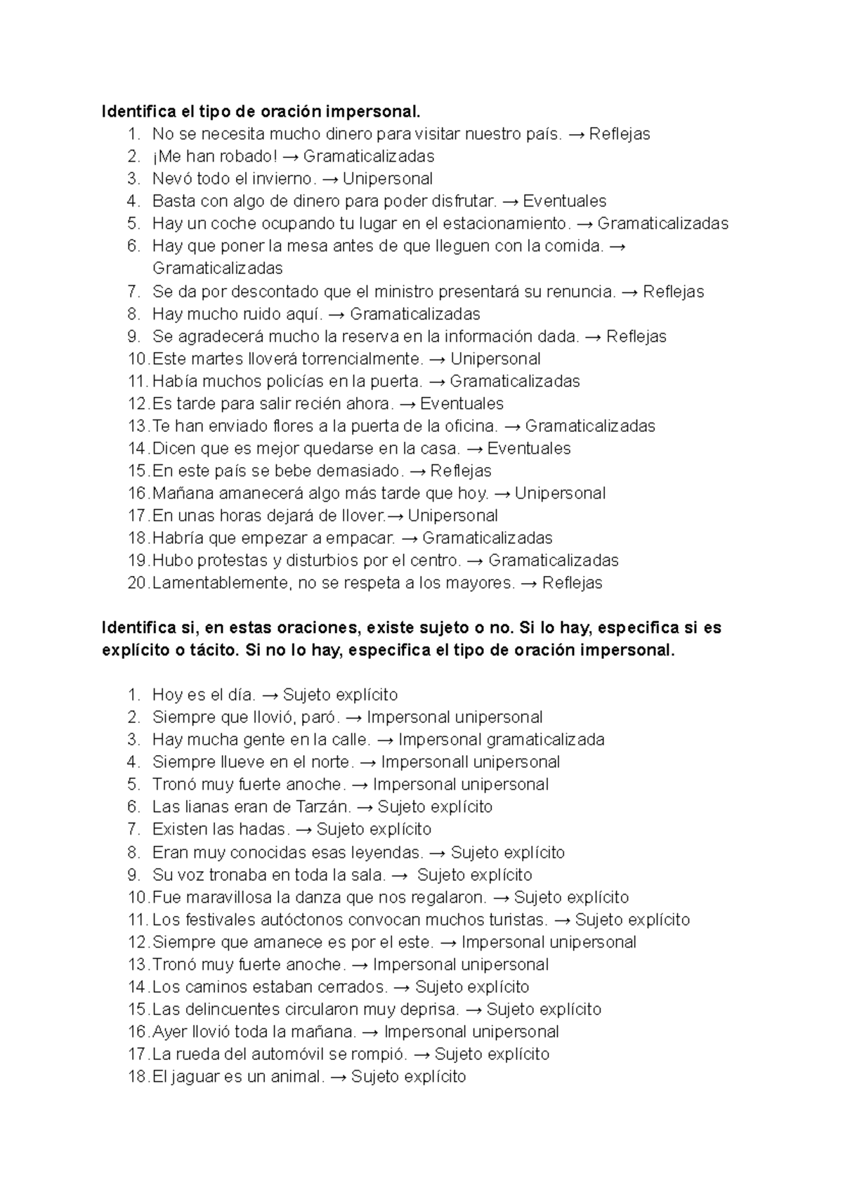 Ejercicios Oraciones Impersonales - Identifica el tipo de oración ...
