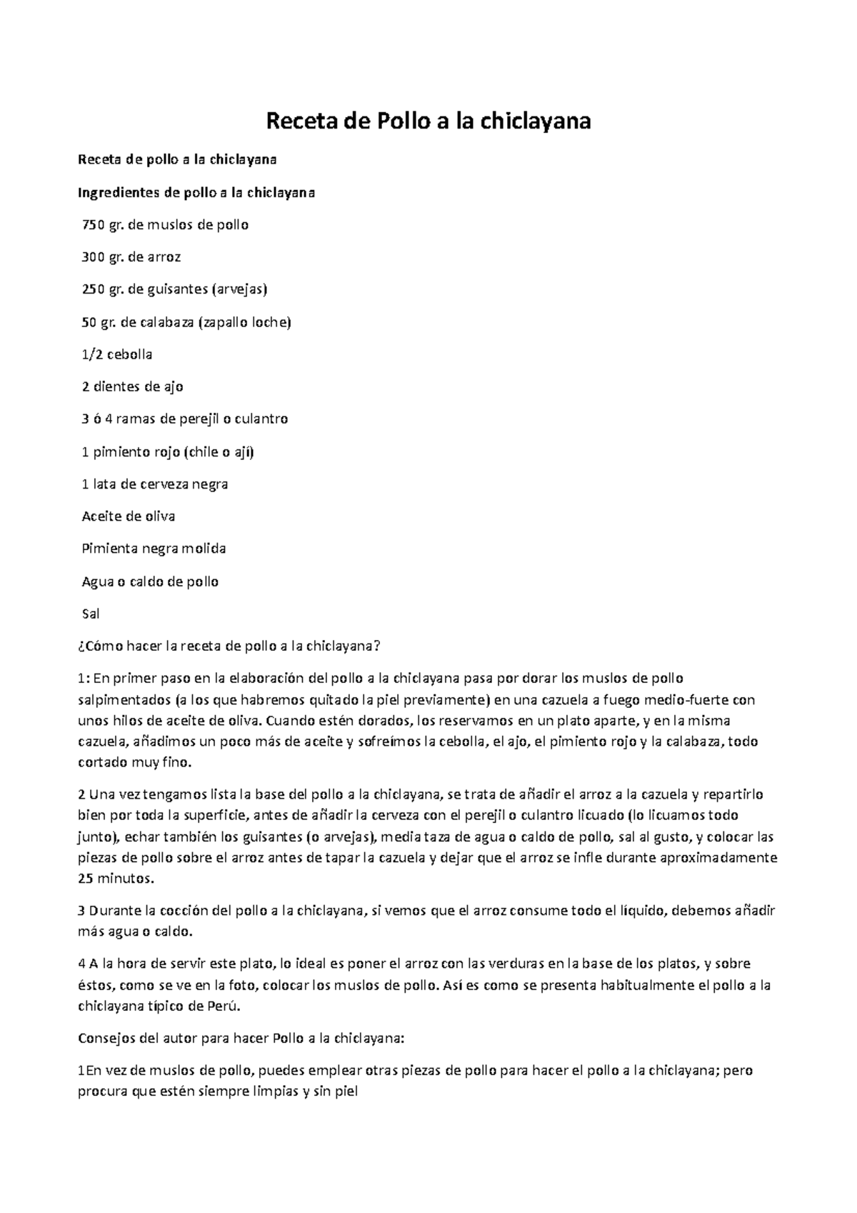 Receta de Pollo a la chiclayana - Receta de Pollo a la chiclayana ...