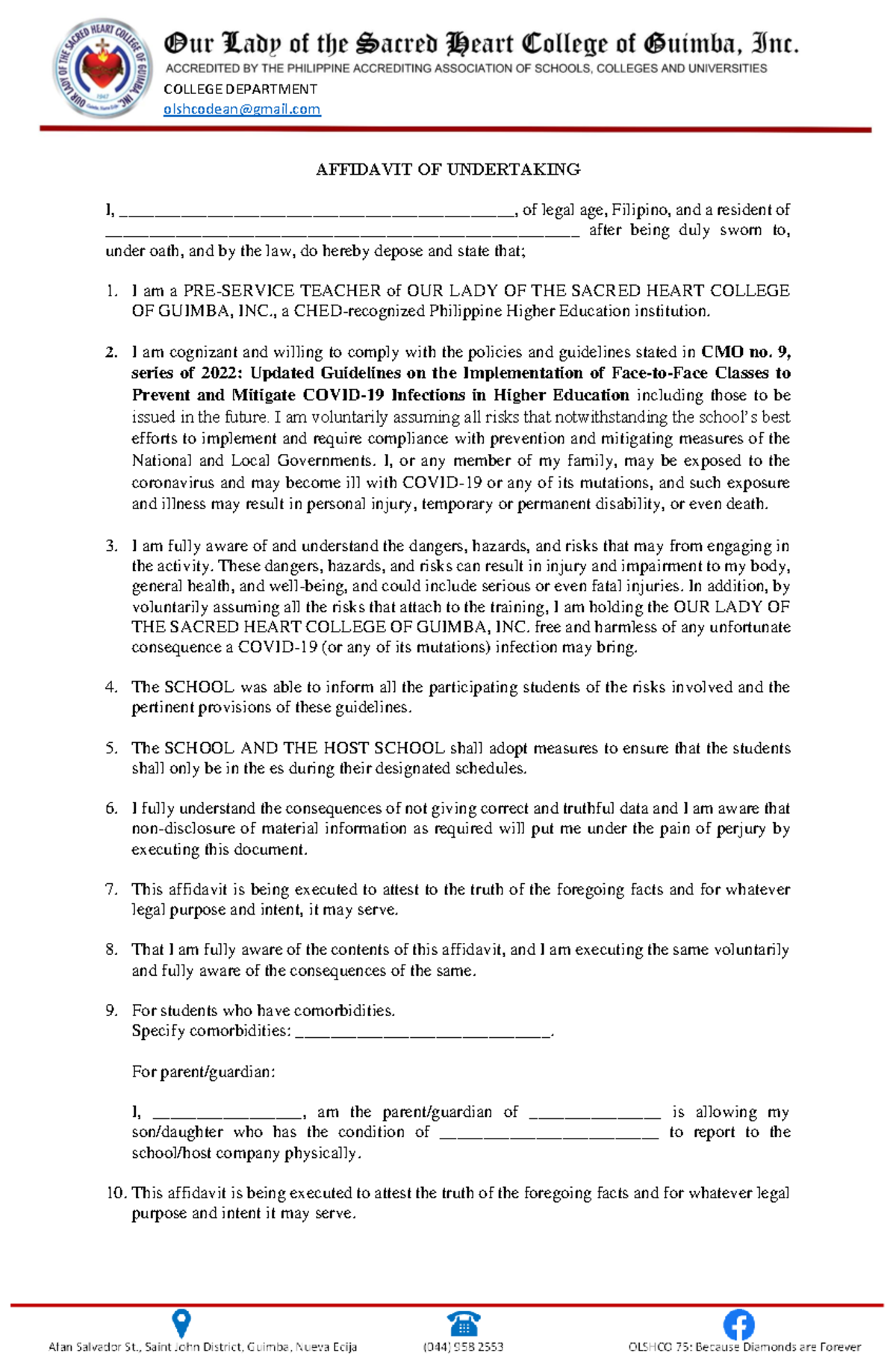 Affidavit-OF- Undertaking - COLLEGE DEPARTMENT olshcodean@gmail ...