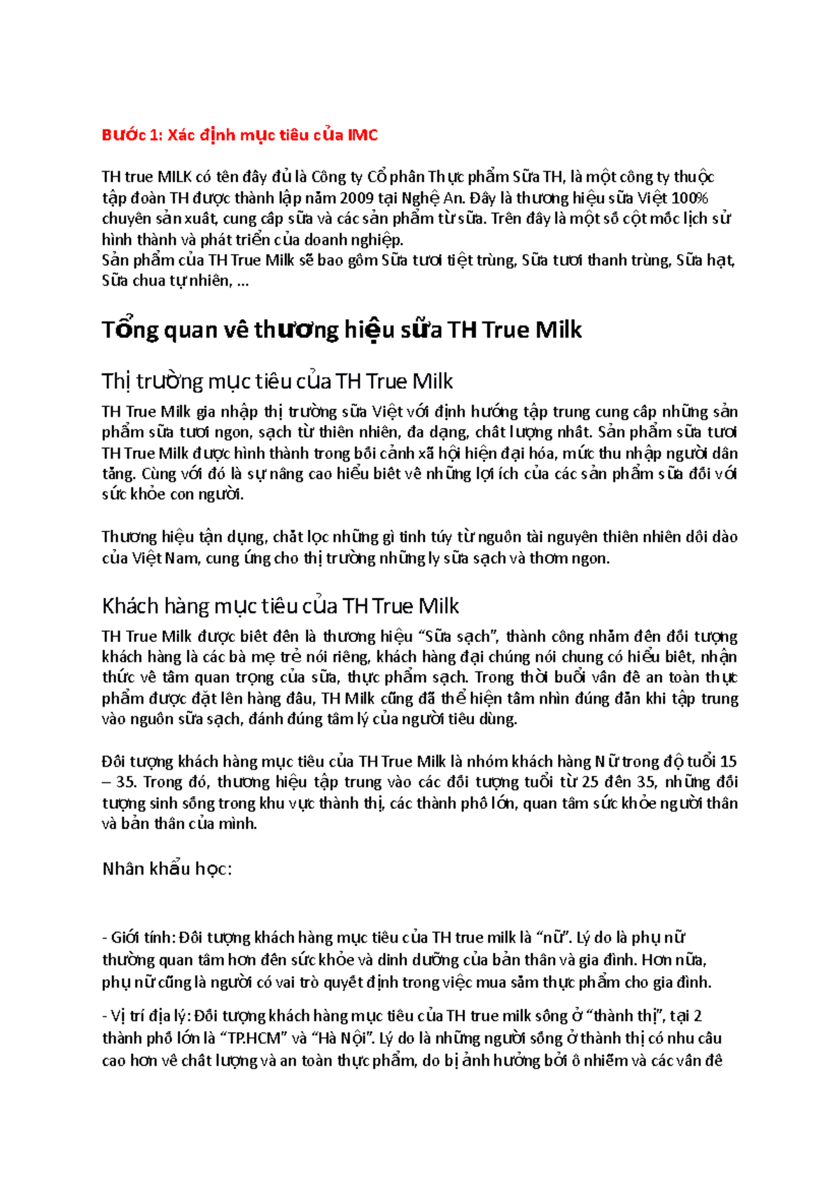 TH True Milk IMC - IMC - B ước 1: Xác đ nh m ị ục tiêu c ủa IMC TH true MILK có tên đầầy đ ủ là ...