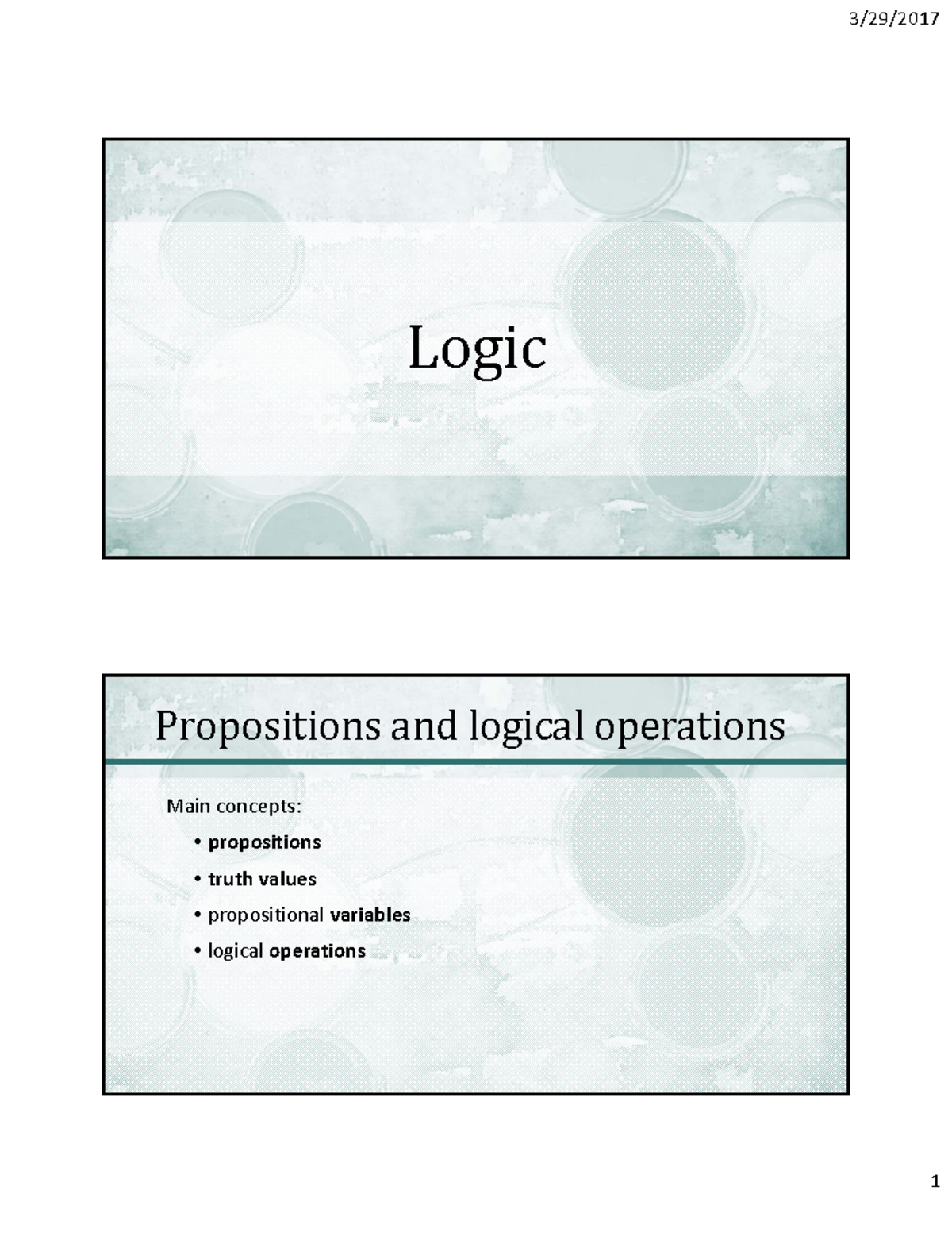 Propositions - CHEM MMW - Logic Propositions and logical operations Main concepts ...