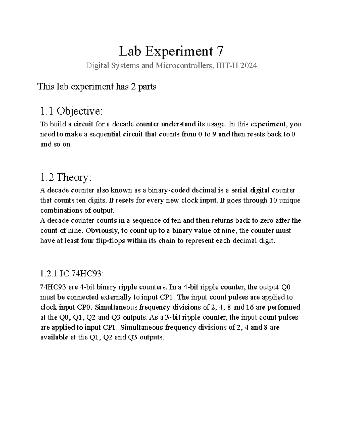 Experiment 7 - ssjdnkjnds - Lab Experiment 7 Digital Systems and Microcontrollers, IIIT-H 2024 ...