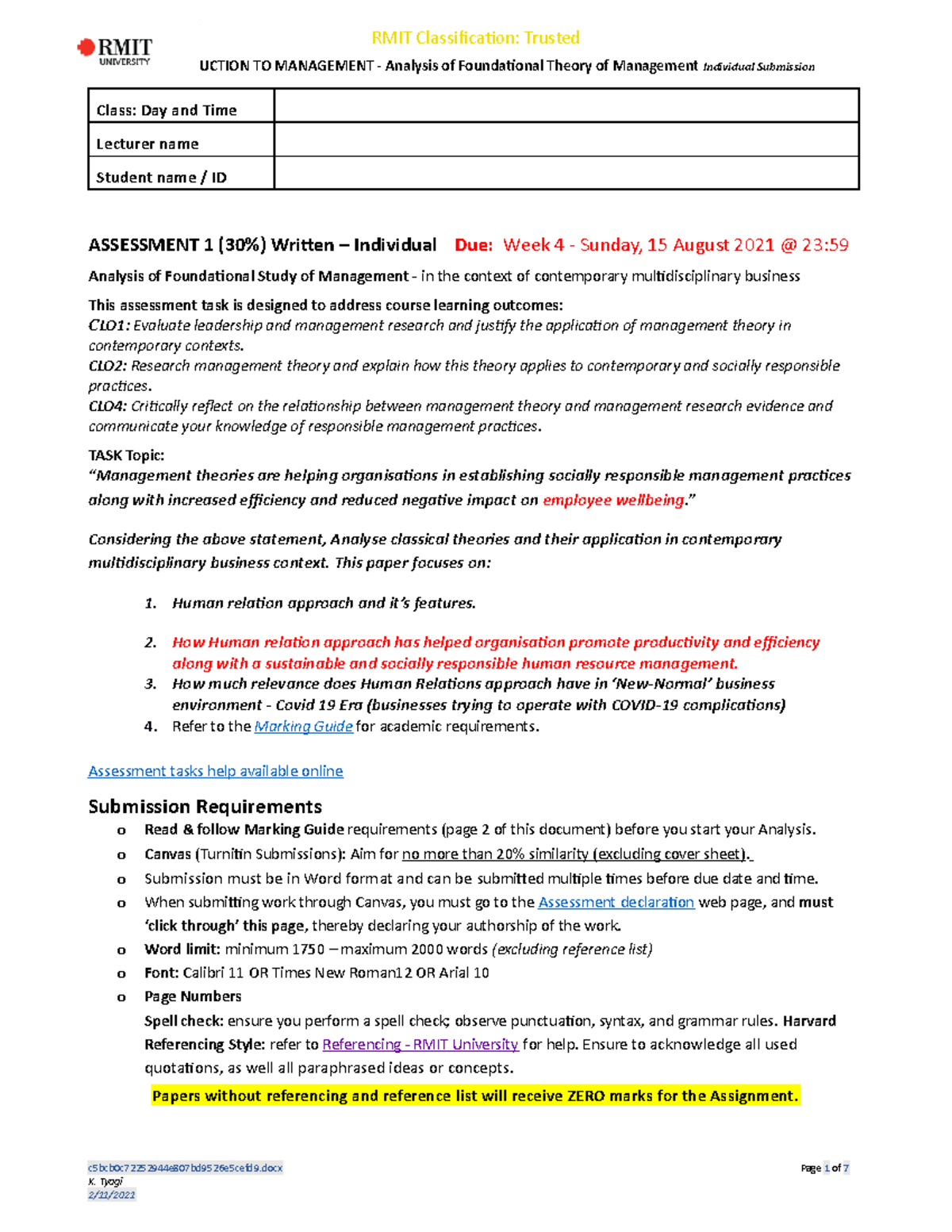 Intro to Management - Assessment 1 Outline - INTRODUCTION TO MANAGEMENT ...