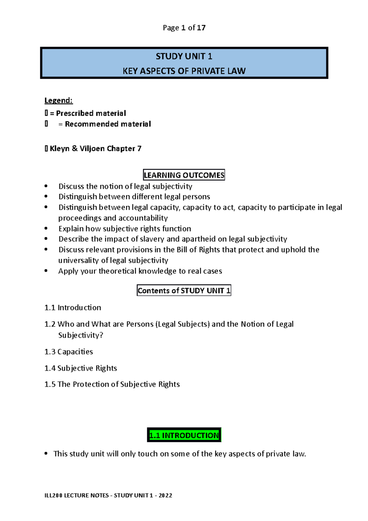 ILL200 Lecture Notes - Study UNIT 1 - 2022 - STUDY UNIT 1 KEY ASPECTS ...