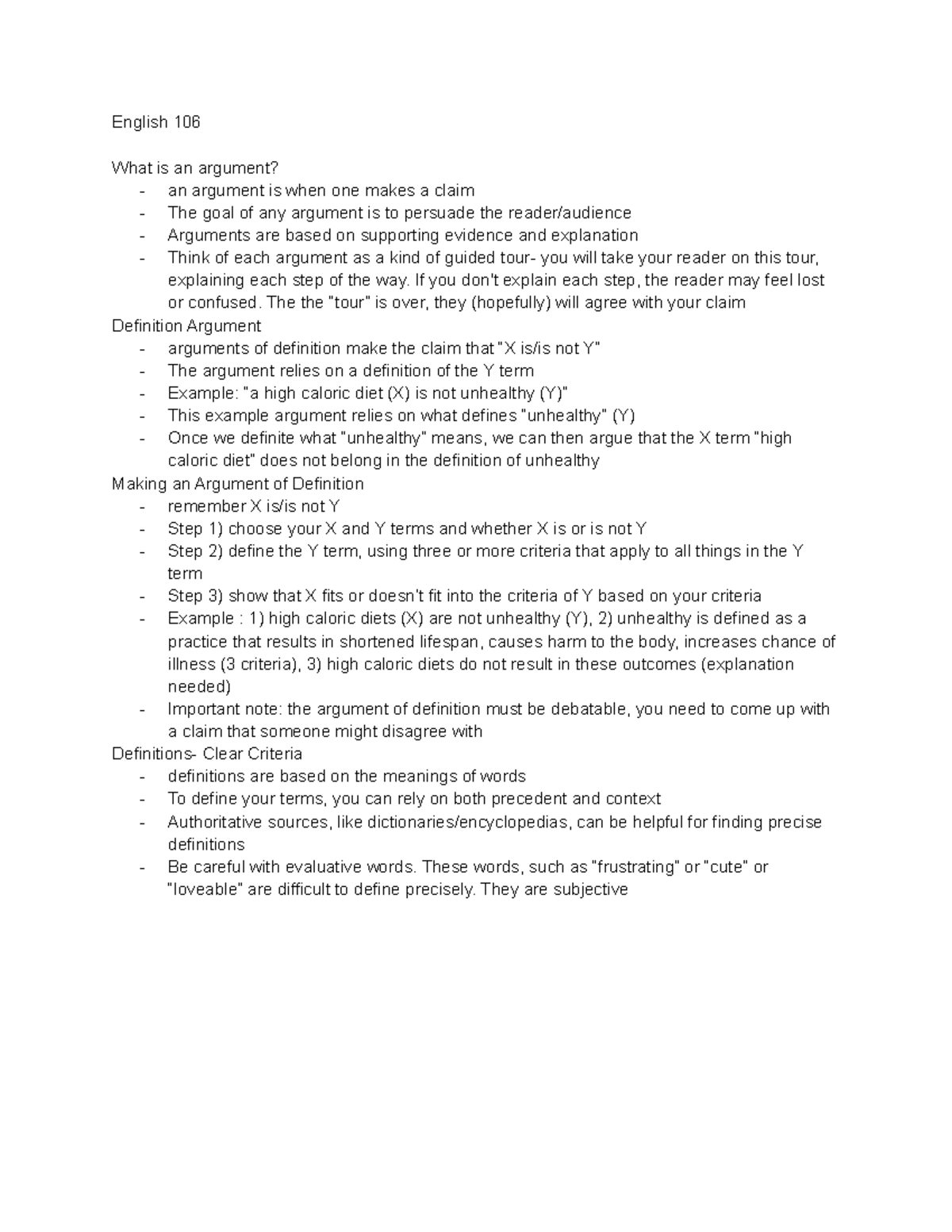 English 106 definition essay notes - English 106 What is an argument ...